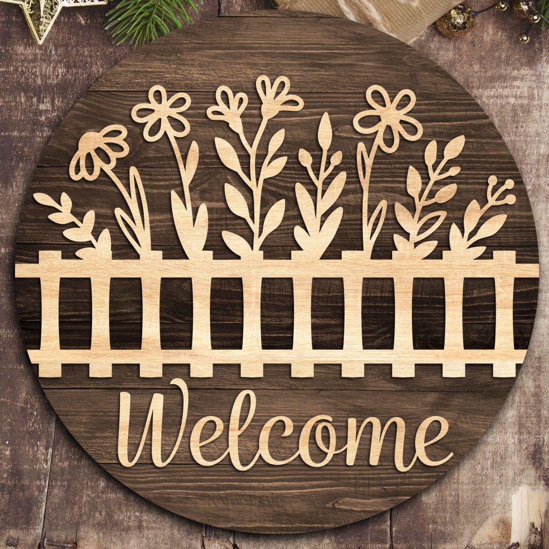Wildflower Fence Round Welcome Sign SVG DXF, Laser Cut Files Glowforge ...