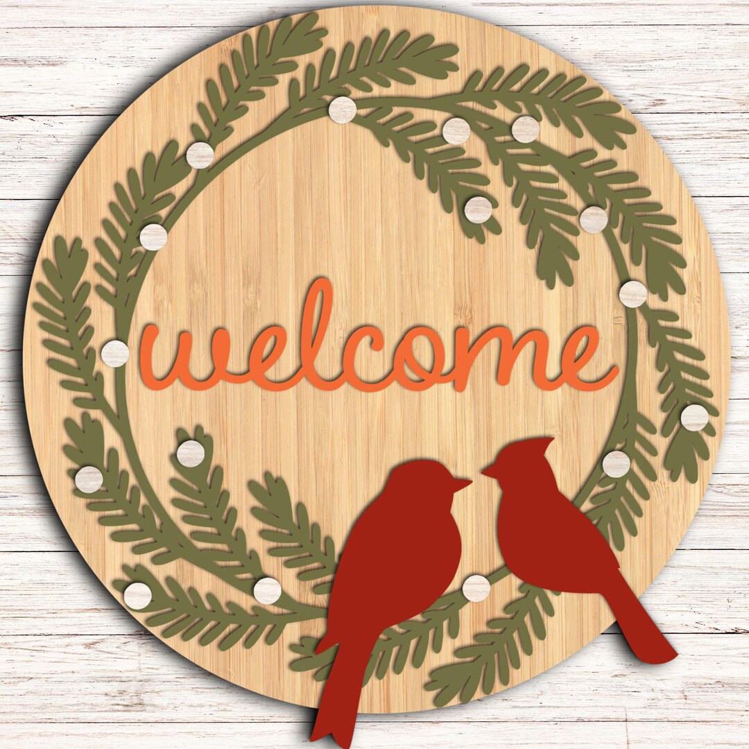 Red Cardinal Bird Welcome Round Sign SVG, Laser Cut Files Glowforge ...
