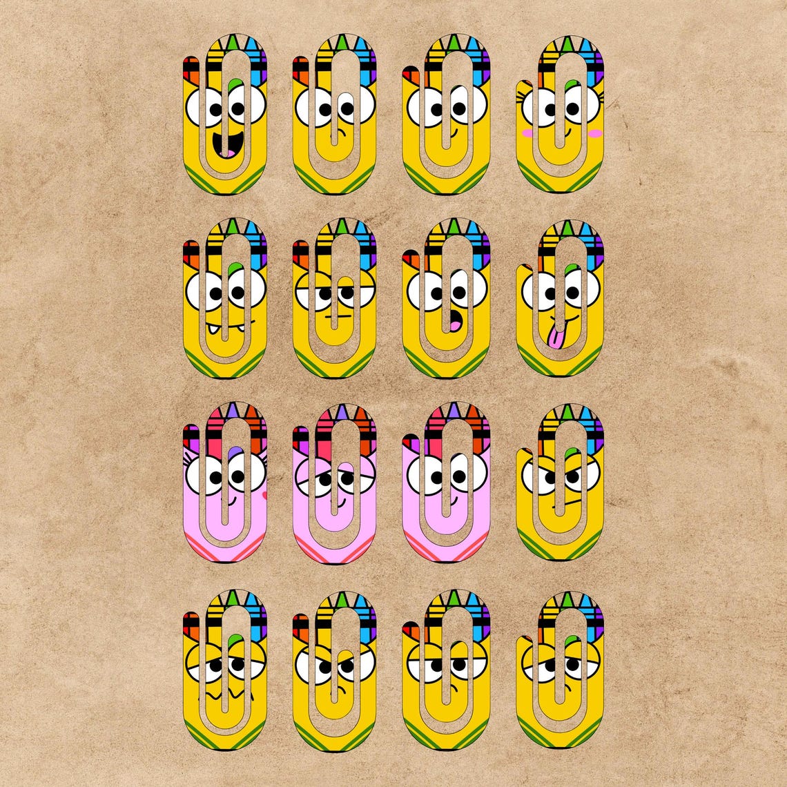 16 Cute Crayon Box Face Paperclips PNG, Jumbo Clipart Set, Fun Cartoon ...