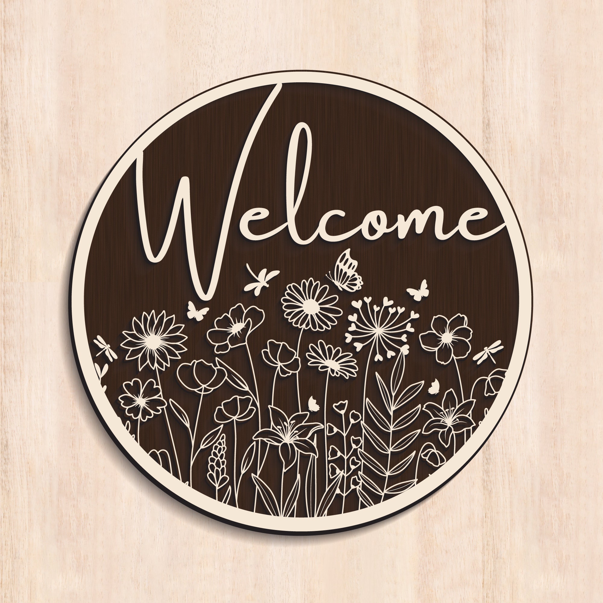 Wildflower Butterfly Welcome Round Sign SVG DXF, Laser Cut Files ...