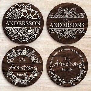 Floral Family Name Split Monogram Round Sign Bundle SVG DXF, Laser Cut ...