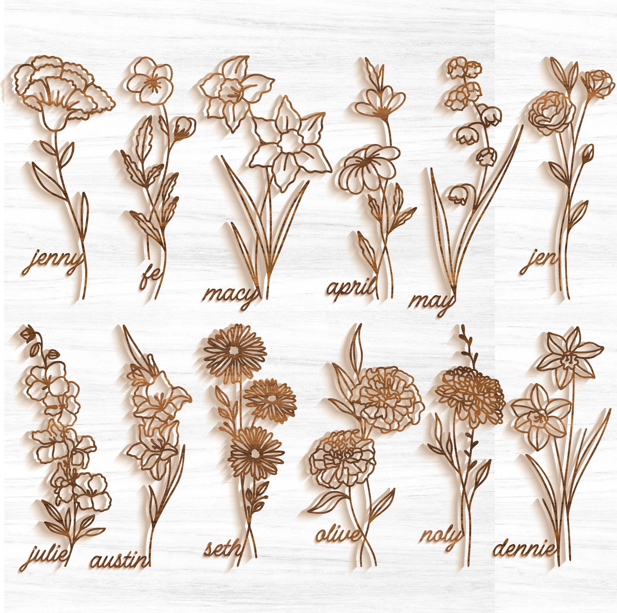 Birth Month Flowers Outline Bundle SVG DXF, Laser Cut File Glowforge ...