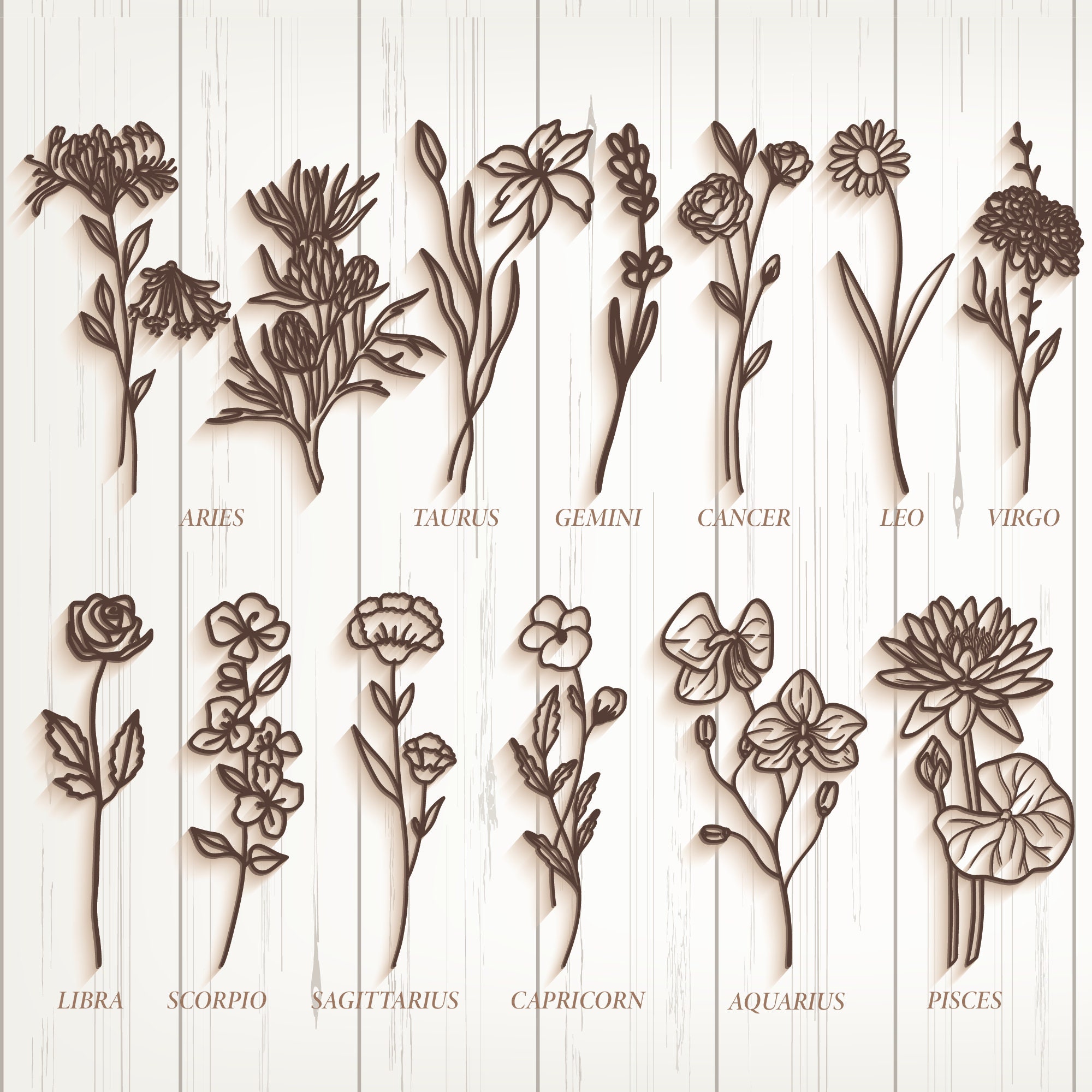 Zodiac Flowers Outline Bundle SVG DXF, Laser Cut Files Glowforge ...