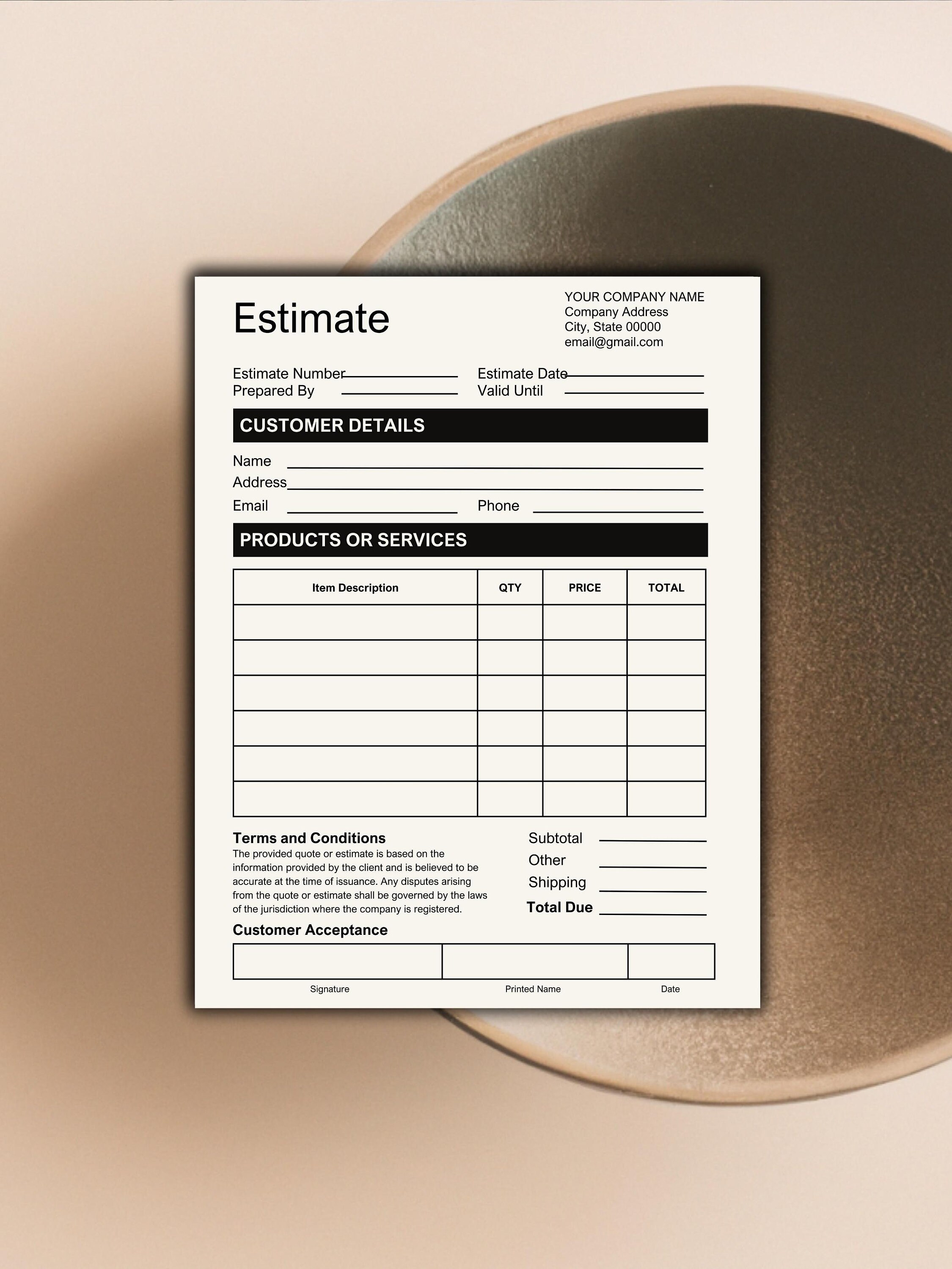Standard Business Estimate, Small Business Estimate Template, Estimate ...