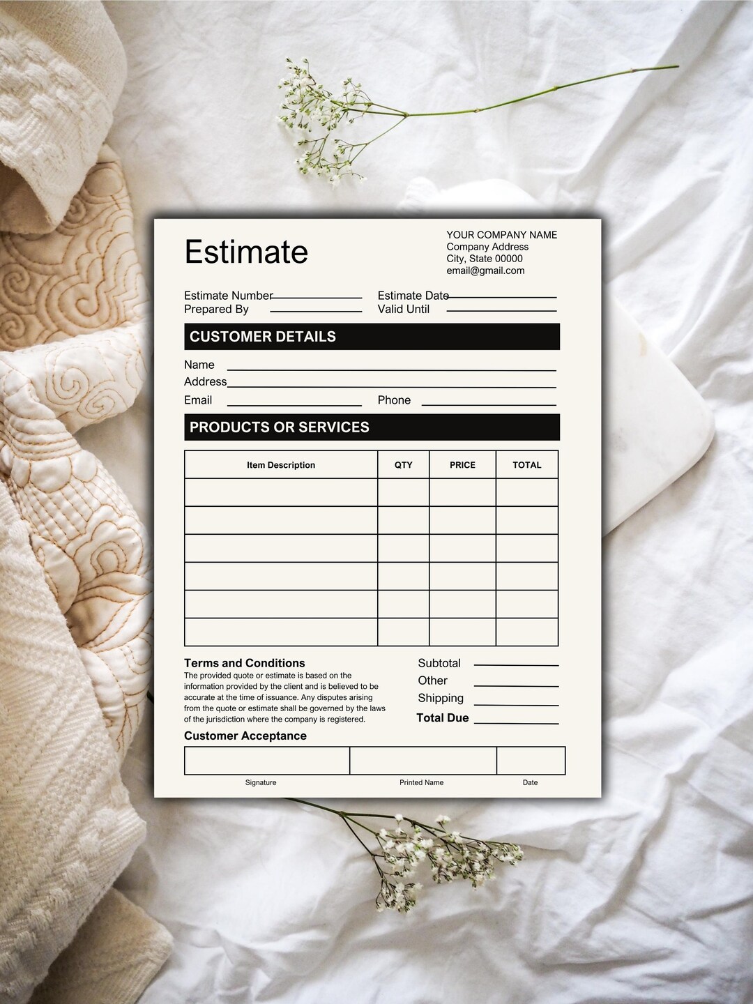 Standard Business Estimate, Small Business Estimate Template, Estimate ...