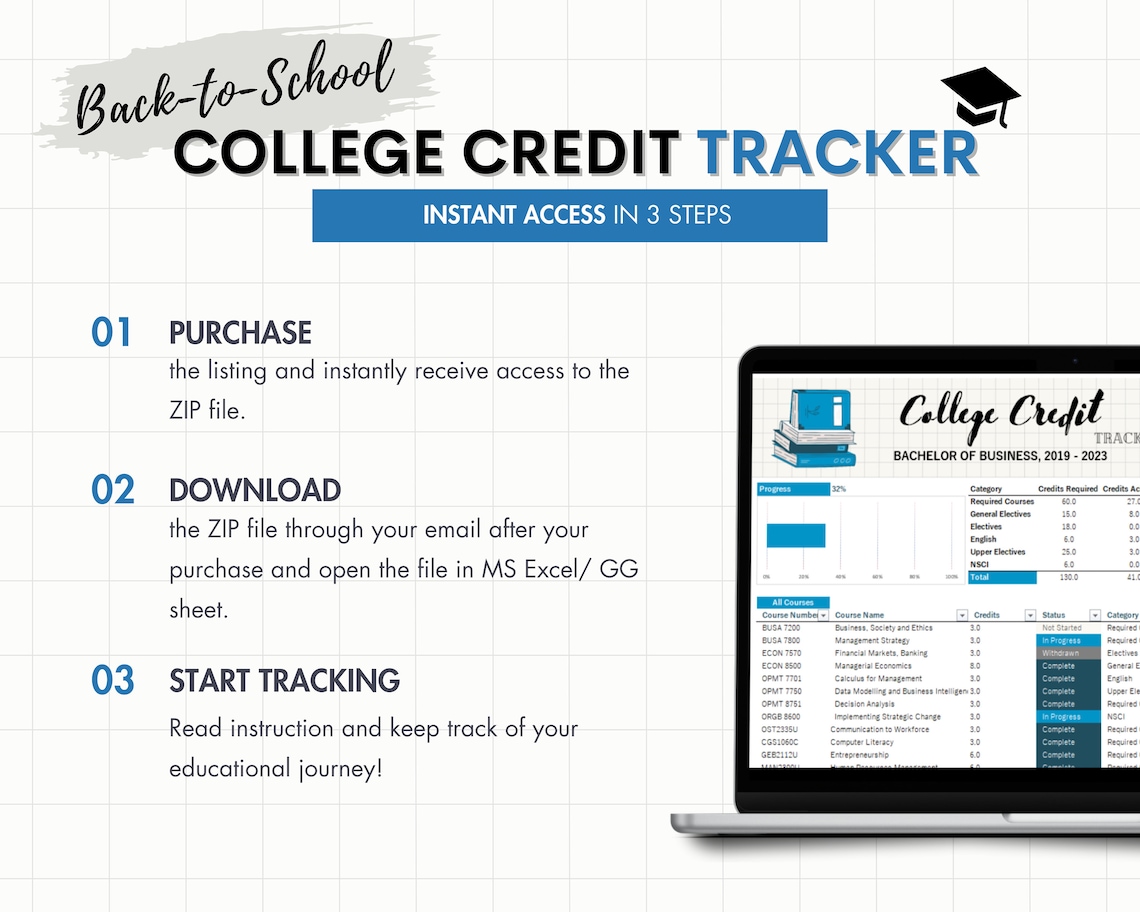 Back to School College Credit Tracker Spreadsheet, Excel Student ...
