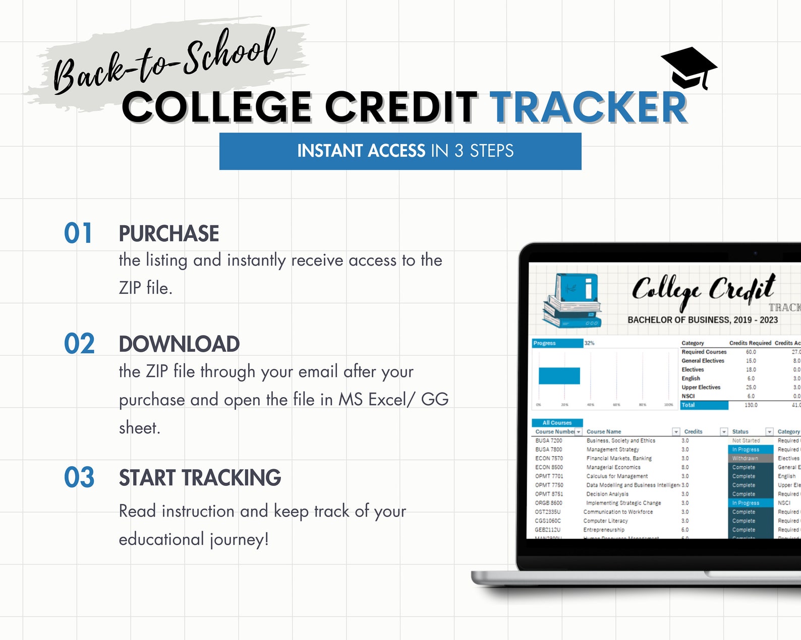 Back to School College Credit Tracker Spreadsheet, Excel Student ...