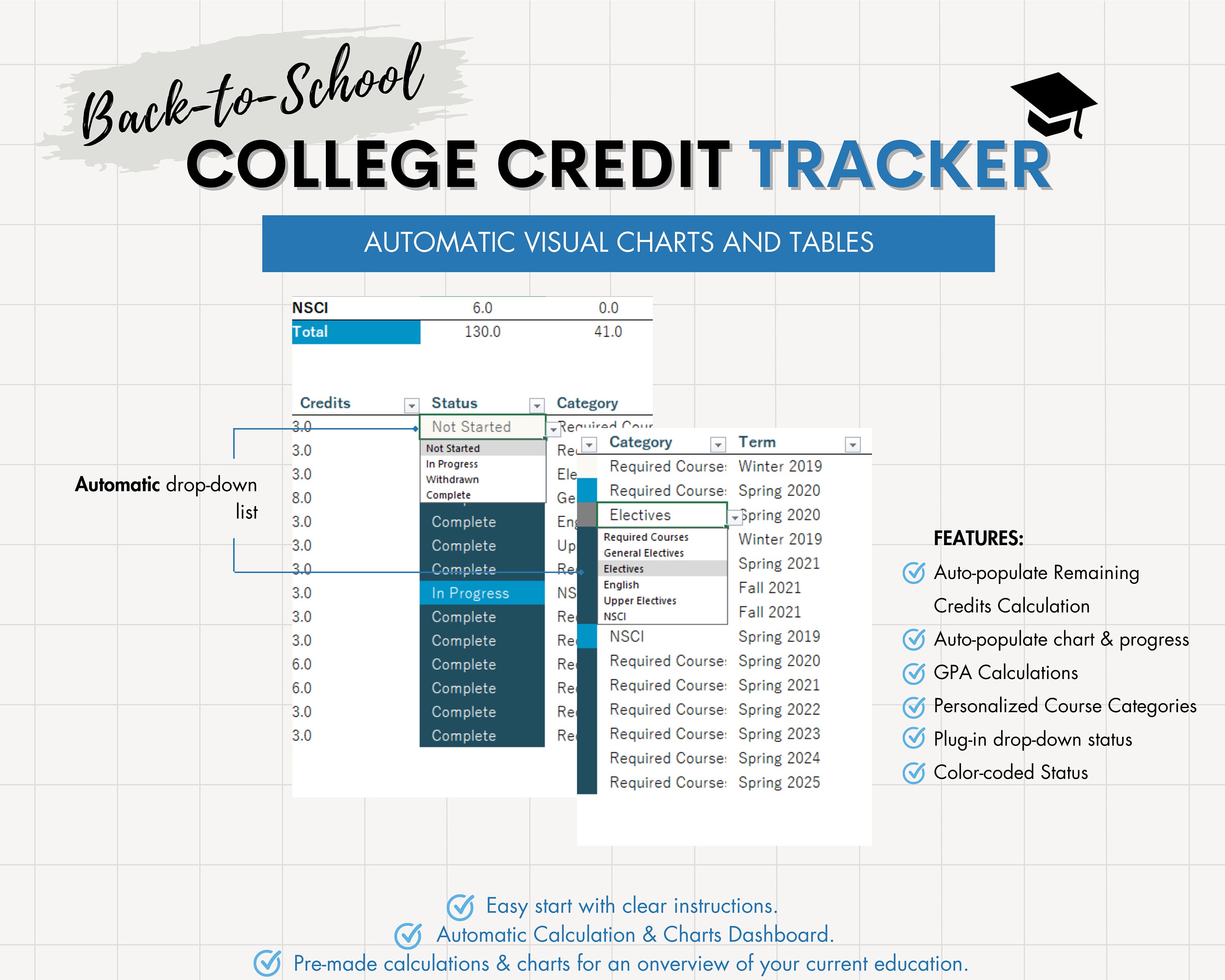 Back to School College Credit Tracker Spreadsheet, Excel Student ...