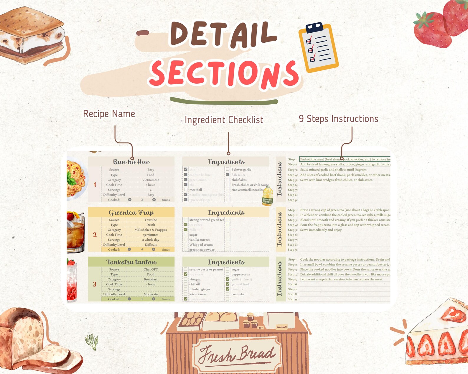 Cute Digital Recipe Book Excel | Cute Comic-style Recipe Journal ...