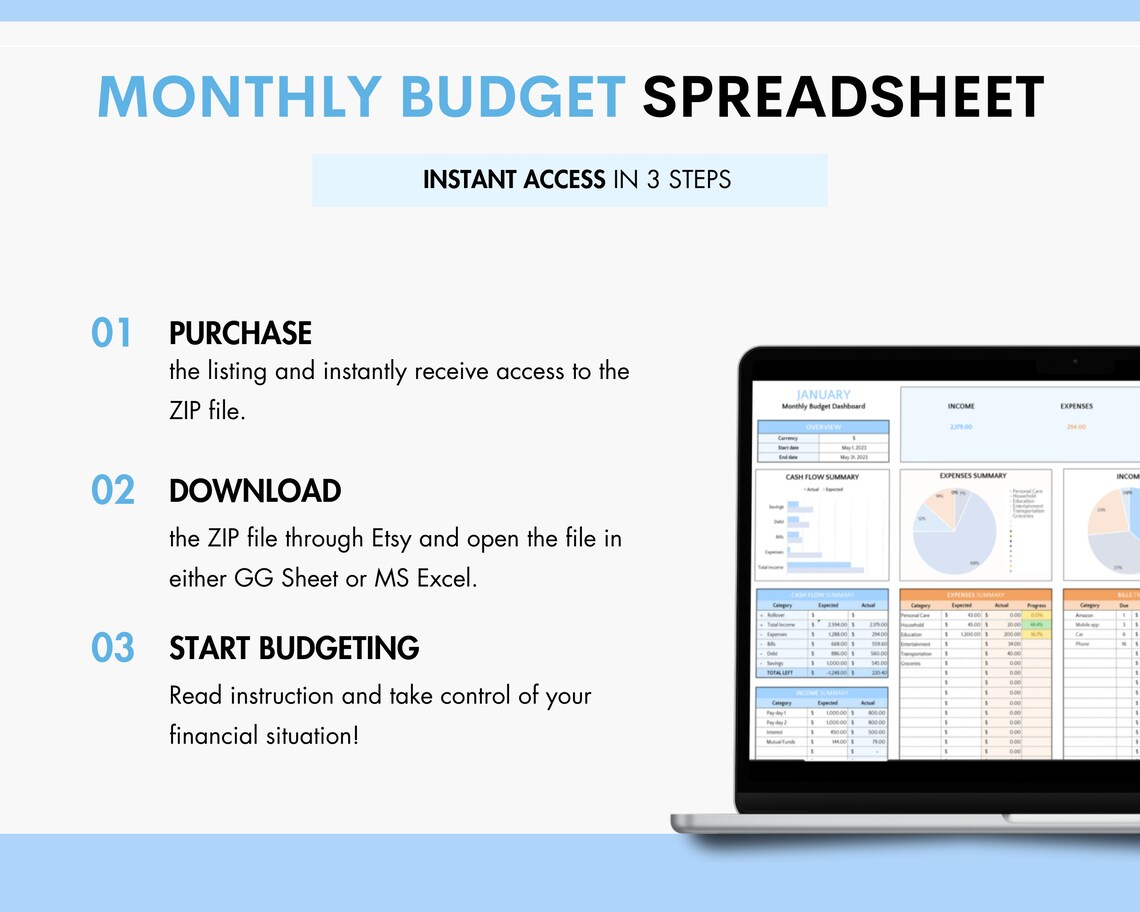 Simple Monthly Budget Spreadsheet Template for Google Sheets, Budget ...