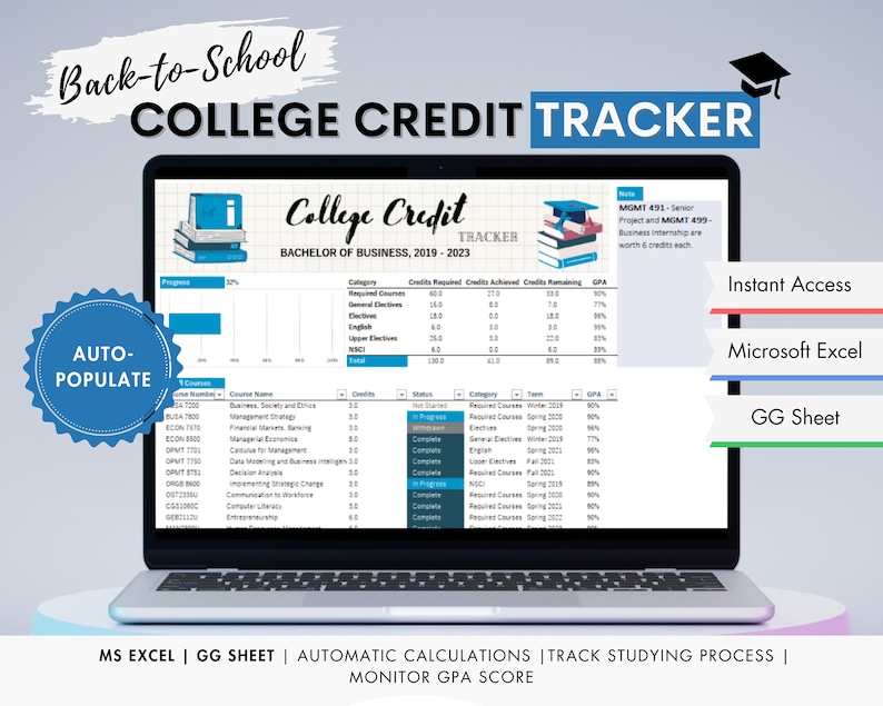 Back to School College Credit Tracker Spreadsheet, Excel Student ...