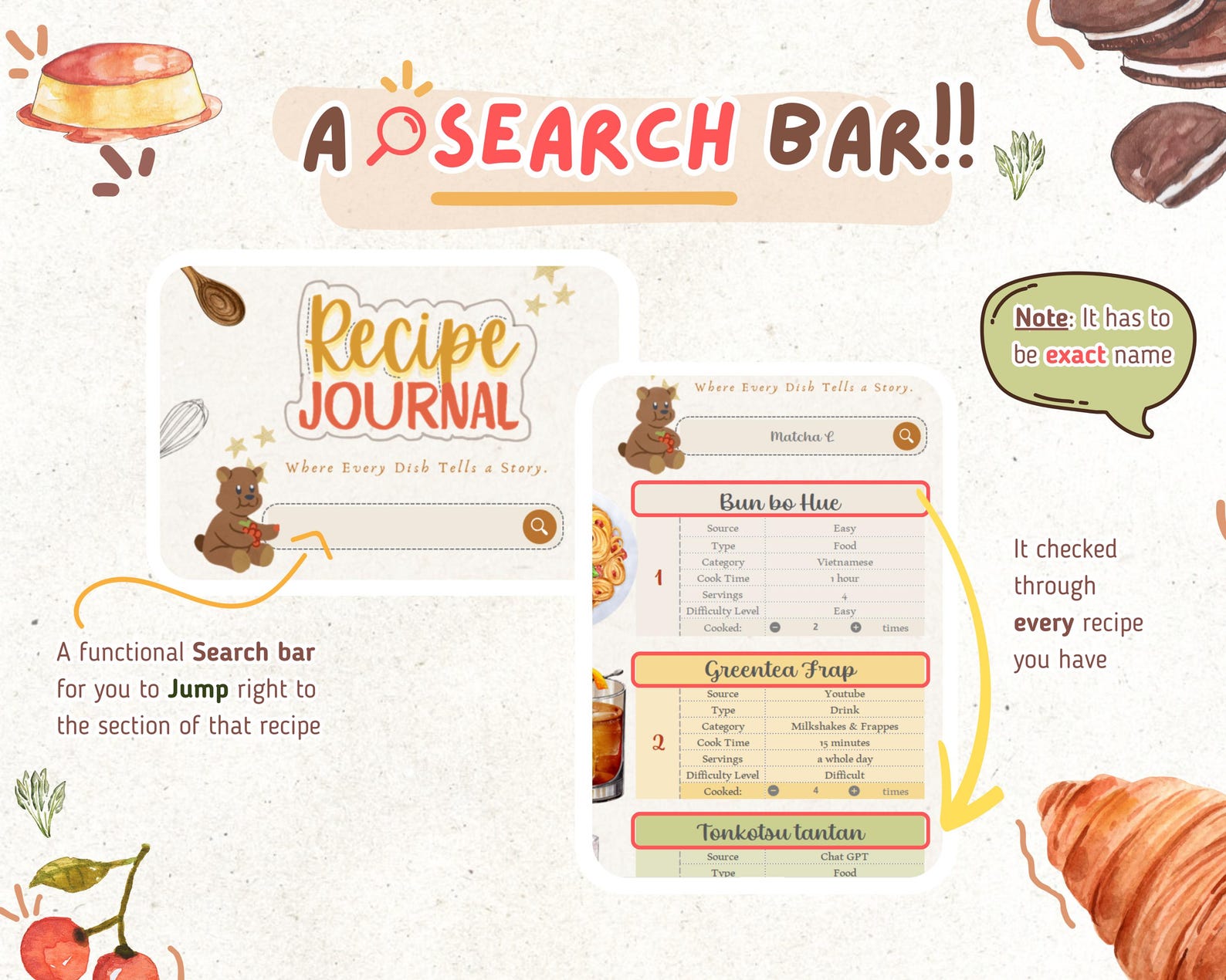 Cute Digital Recipe Book Excel | Cute Comic-style Recipe Journal ...