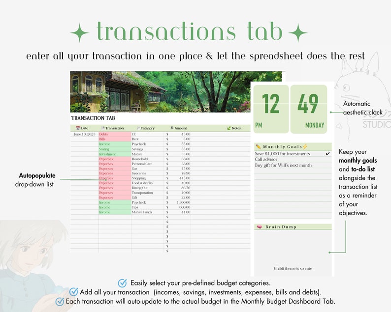 Studio Ghibli Ultimate Monthly Budget Spreadsheet Template for Excel ...