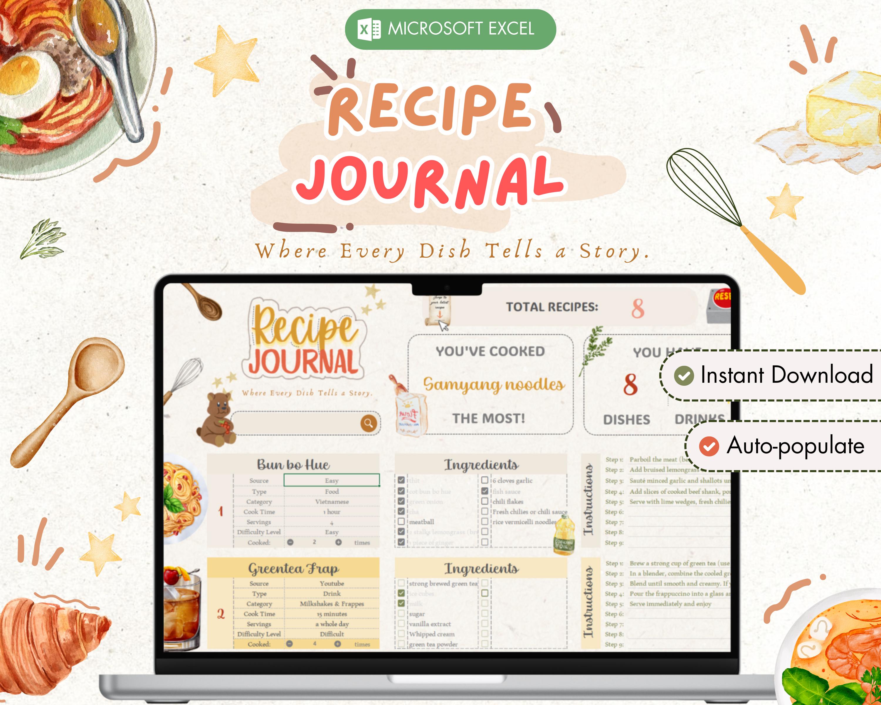 Cute Digital Recipe Book Excel | Cute Comic-style Recipe Journal ...