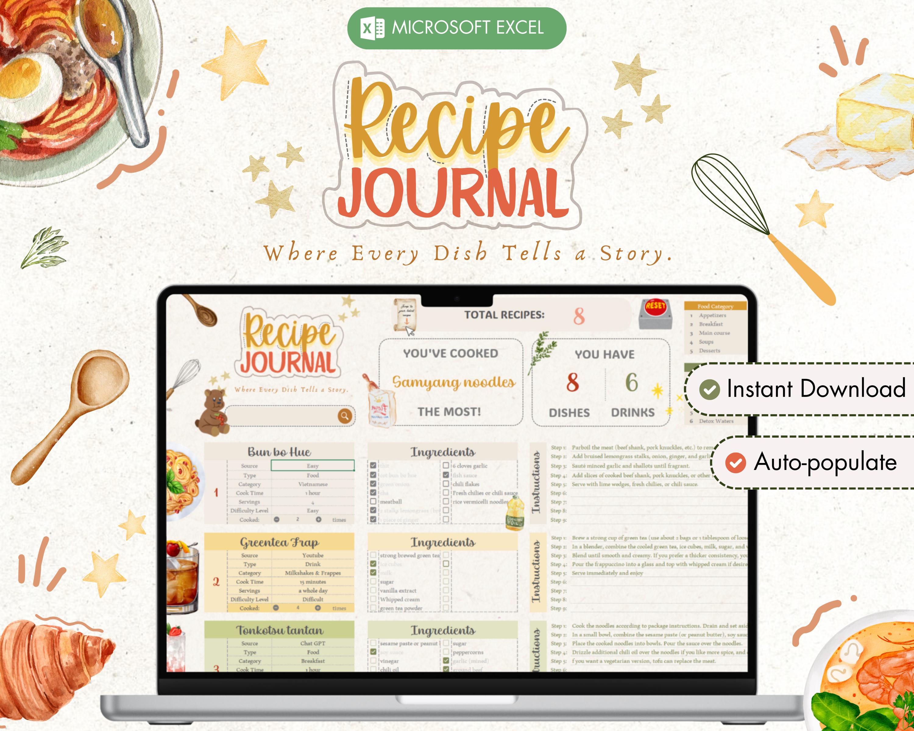Cute Digital Recipe Book Excel | Cute Comic-style Recipe Journal ...