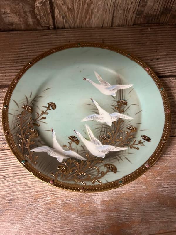 Nippon Hand Painted Plate With Flying Swans Geese Gold Beaded Rim - Etsy