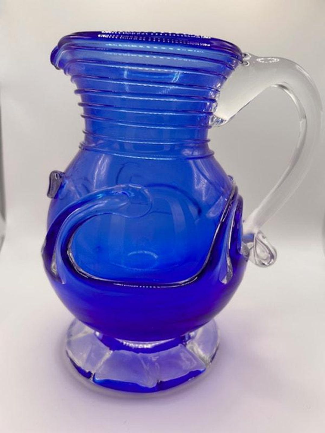 Vintage Vandermark Glasshouse Cobalt Blue Lily Pad Pitcher Clear Handle ...