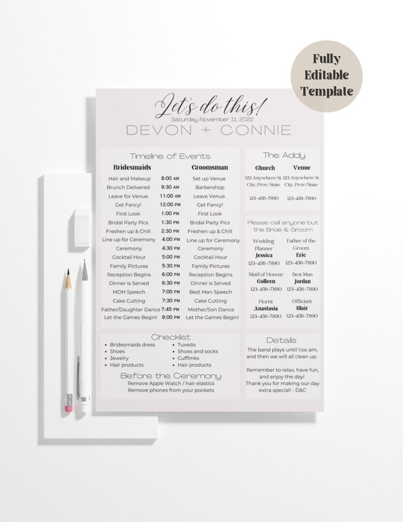 Lets Do This! | Wedding Day Timeline | Editable Template | Wedding ...