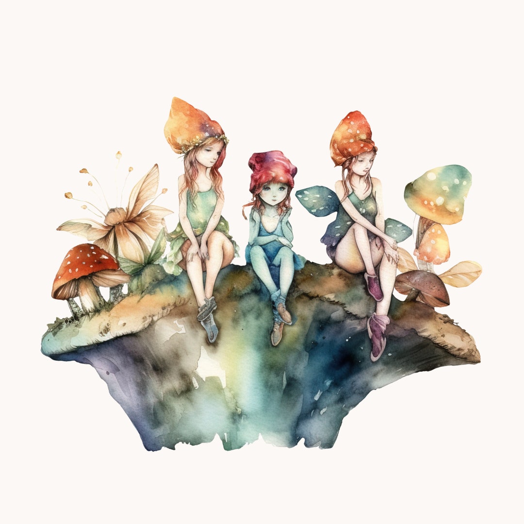 Mushroom Fairies 0001 Fantasy Watercolor Clipart Prints on Transparent ...