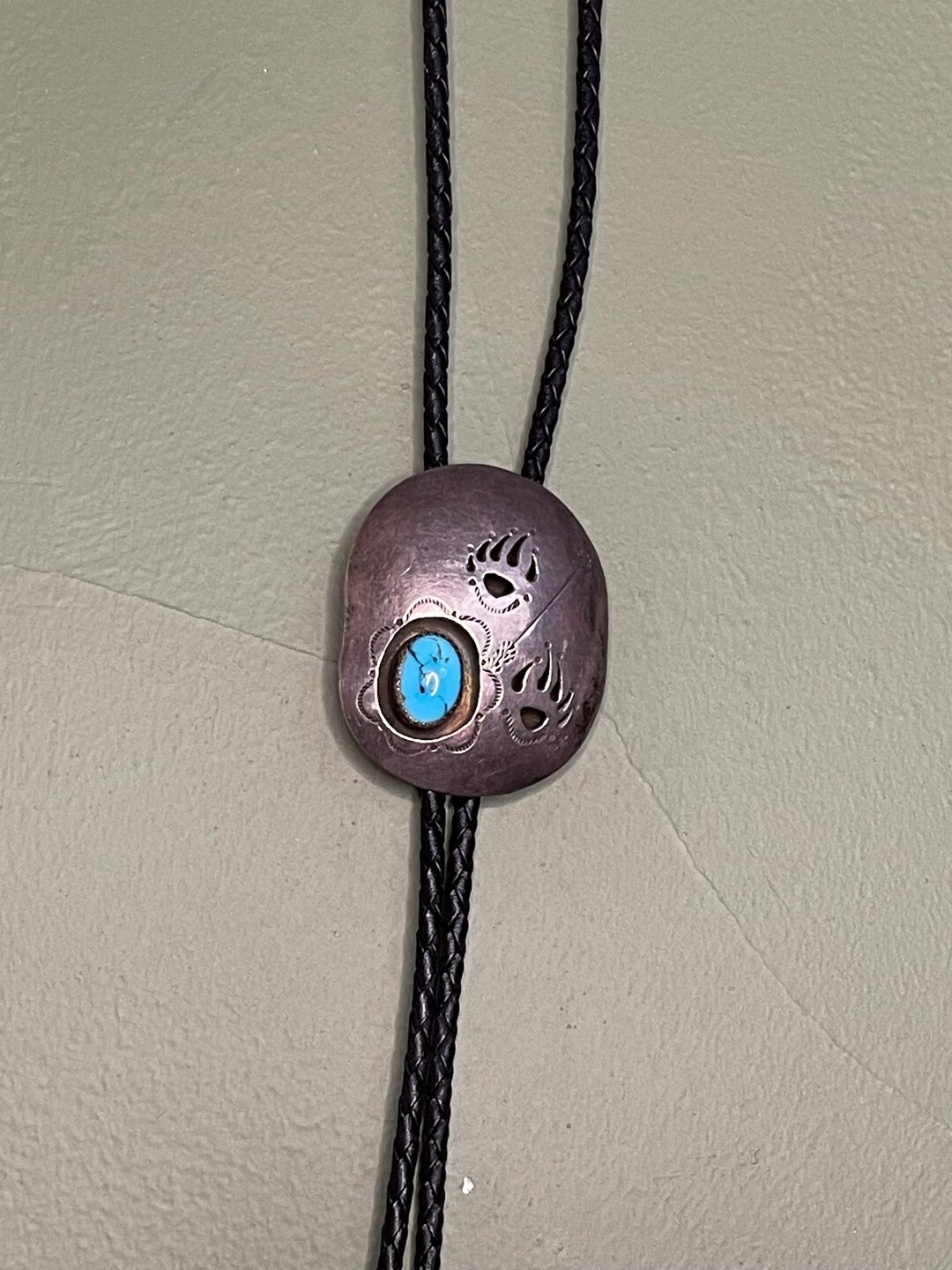 Bolo Tie Small Turquoise Stone Set in Silver With Hand-etched Bear Claw ...