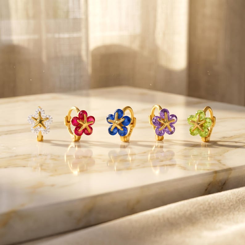 18G Amethyst Flower Cartilage Hoop Earring, Gold Plated Sterling Silver ...