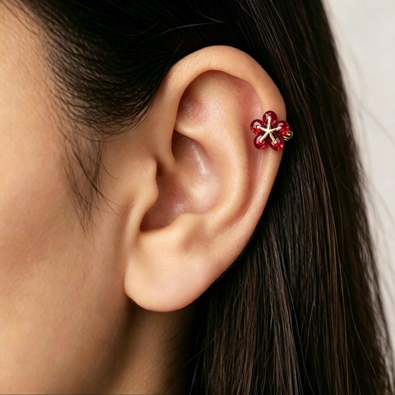 18G Amethyst Flower Cartilage Hoop Earring, Gold Plated Sterling Silver ...