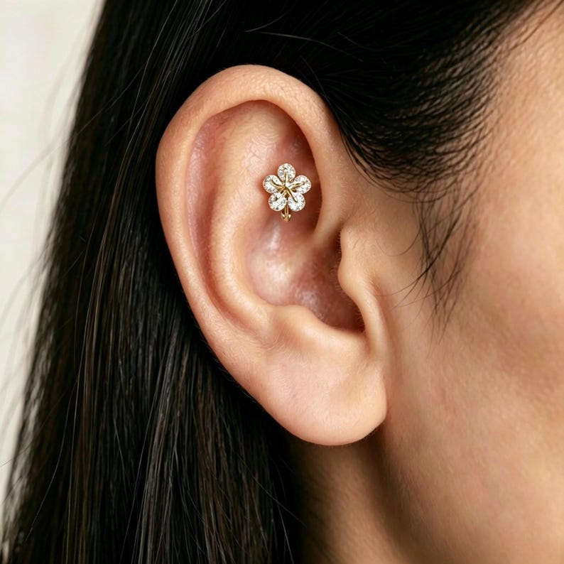 18G Amethyst Flower Cartilage Hoop Earring, Gold Plated Sterling Silver ...