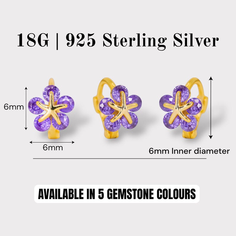 18G Amethyst Flower Cartilage Hoop Earring, Gold Plated Sterling Silver ...