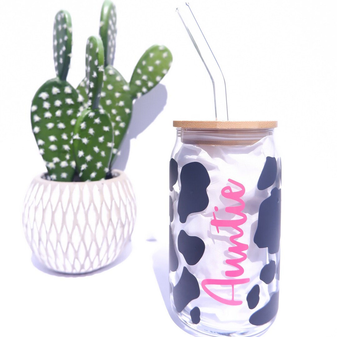 Cow Print With Name - 16oz Glass Tumbler W/ Lid & Straw - Etsy