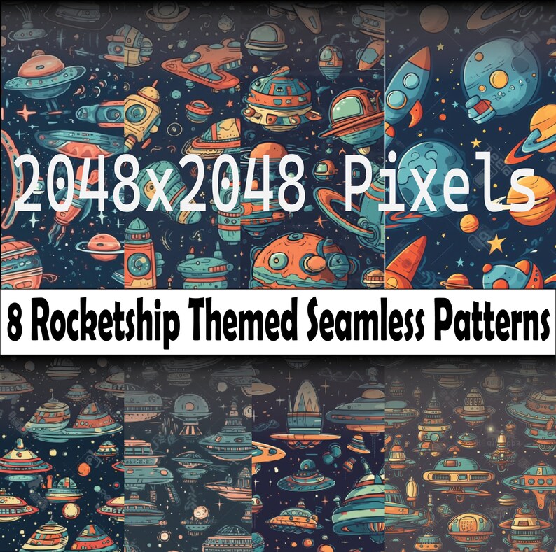 8 Seamless Spaceship Themed Patterns, Digital Paper, Clothing Patterns ...