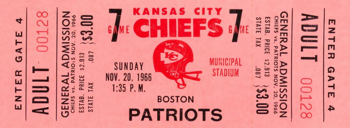 1966 KANSAS CITY CHIEFS Game Ticket Print - Vintage Football Decor ...