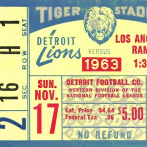 1963 Detroit Lions Ticket Stub Print - Vintage Football Art - Etsy