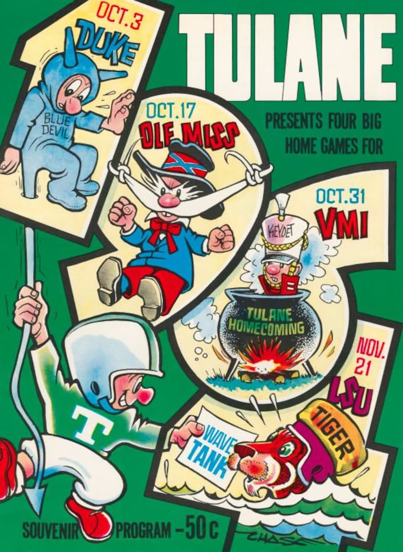 1964 TULANE GREEN WAVE Football Program Print - Vintage Football Decor ...
