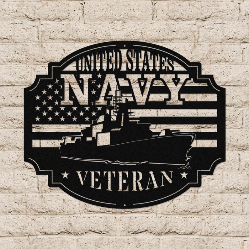 United States Navy Veteran Ship and Sunset American Flag Navy Metal ...