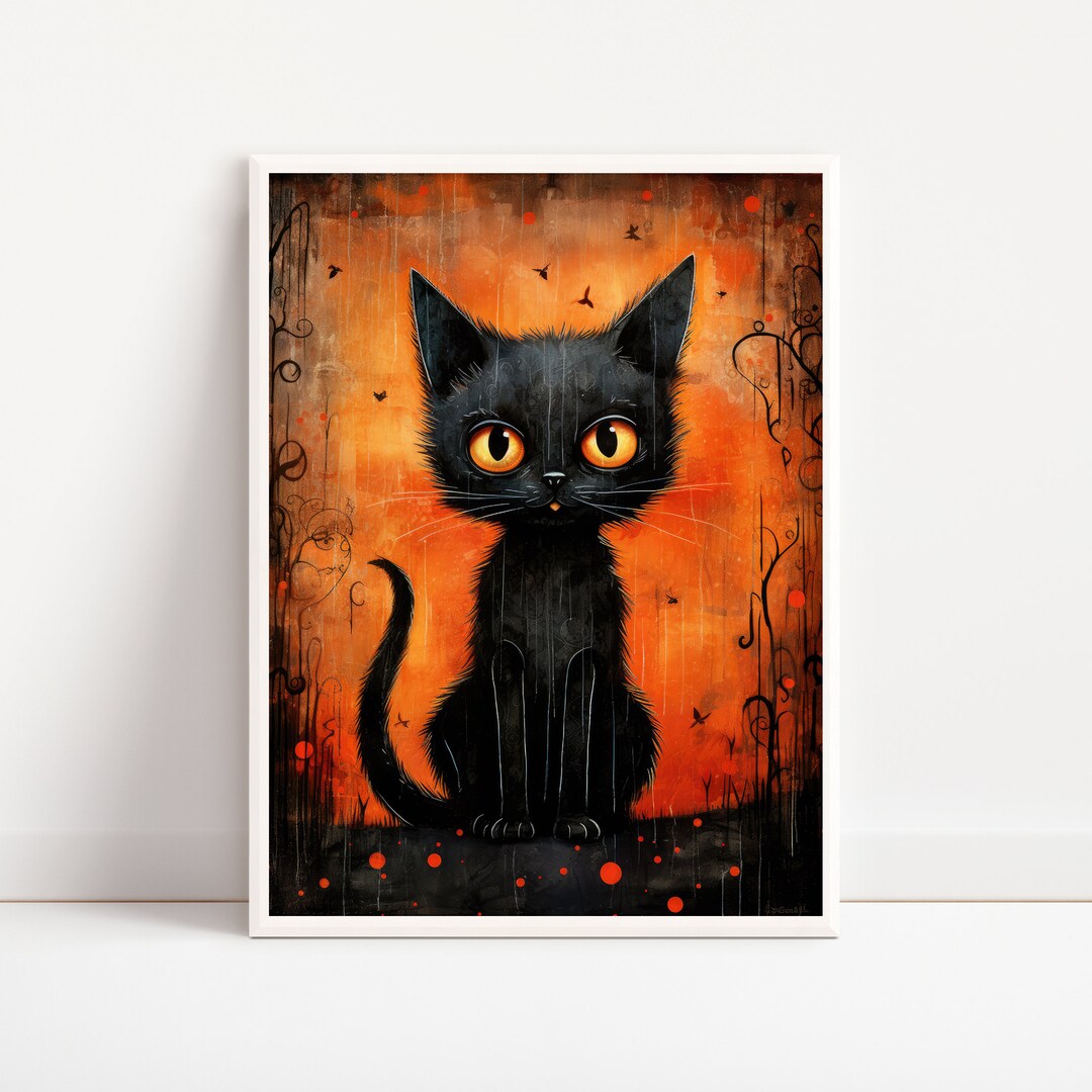 Black Cat Art Print, Halloween Art Print, Gothic Art Print, Spooky Cat ...