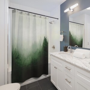 Green Shower Curtain - Dark Forest Dark Green Abstract Landscape Mist ...