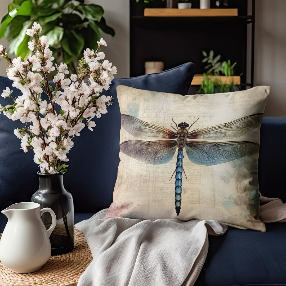 Dragonfly Pillow - Beige Throw Pillow, Vintage Aesthetic, Accent Pillow ...