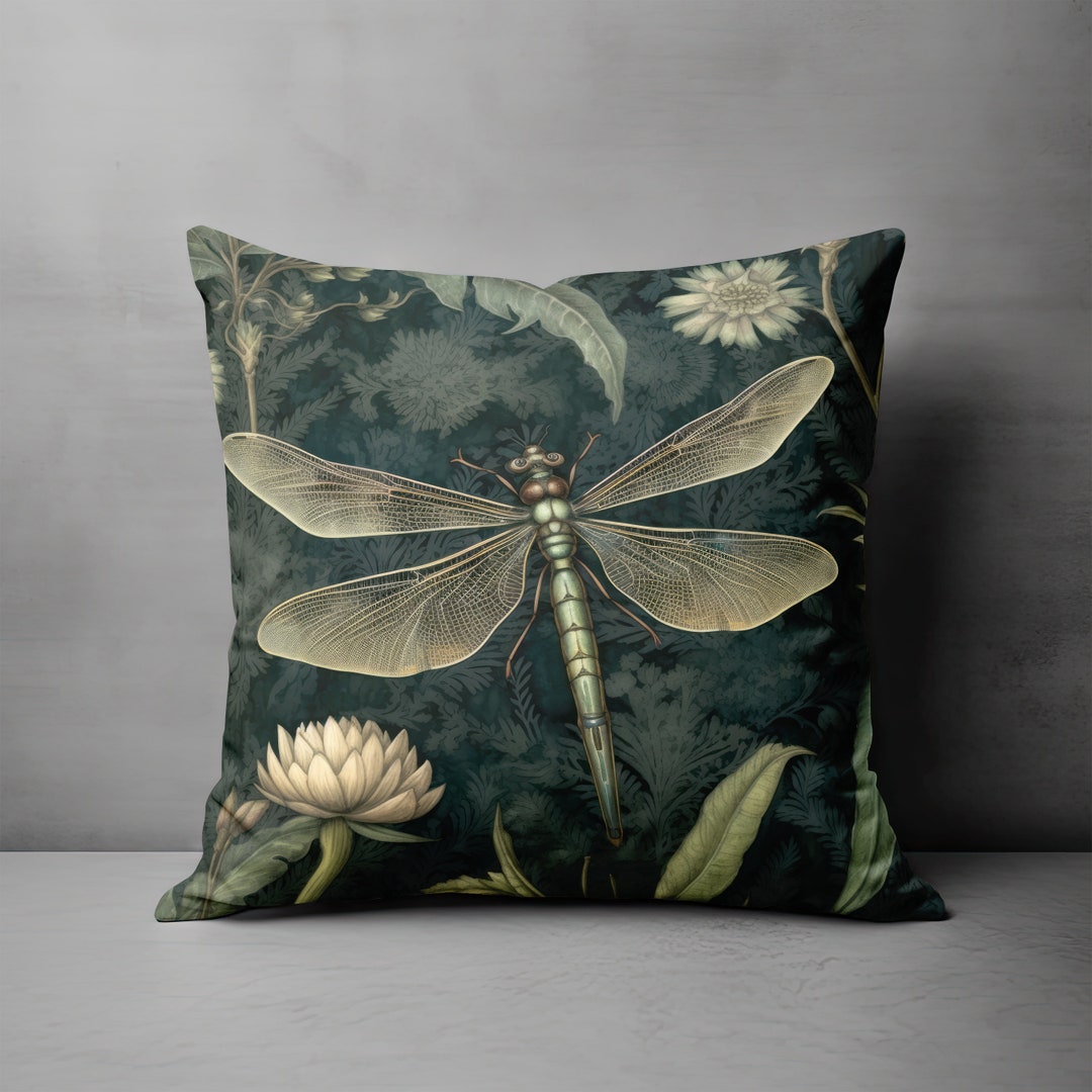 Dragonfly Throw Pillow - Dark Green Forest Floral Accent Pillow for ...