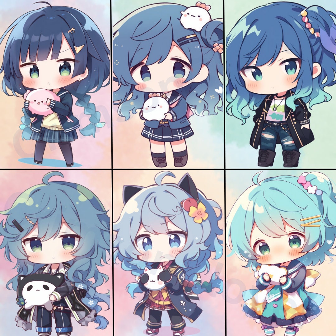 Blue Haired Anime Chibi Characters Bundle (10), PNG, DTG Clipart ...