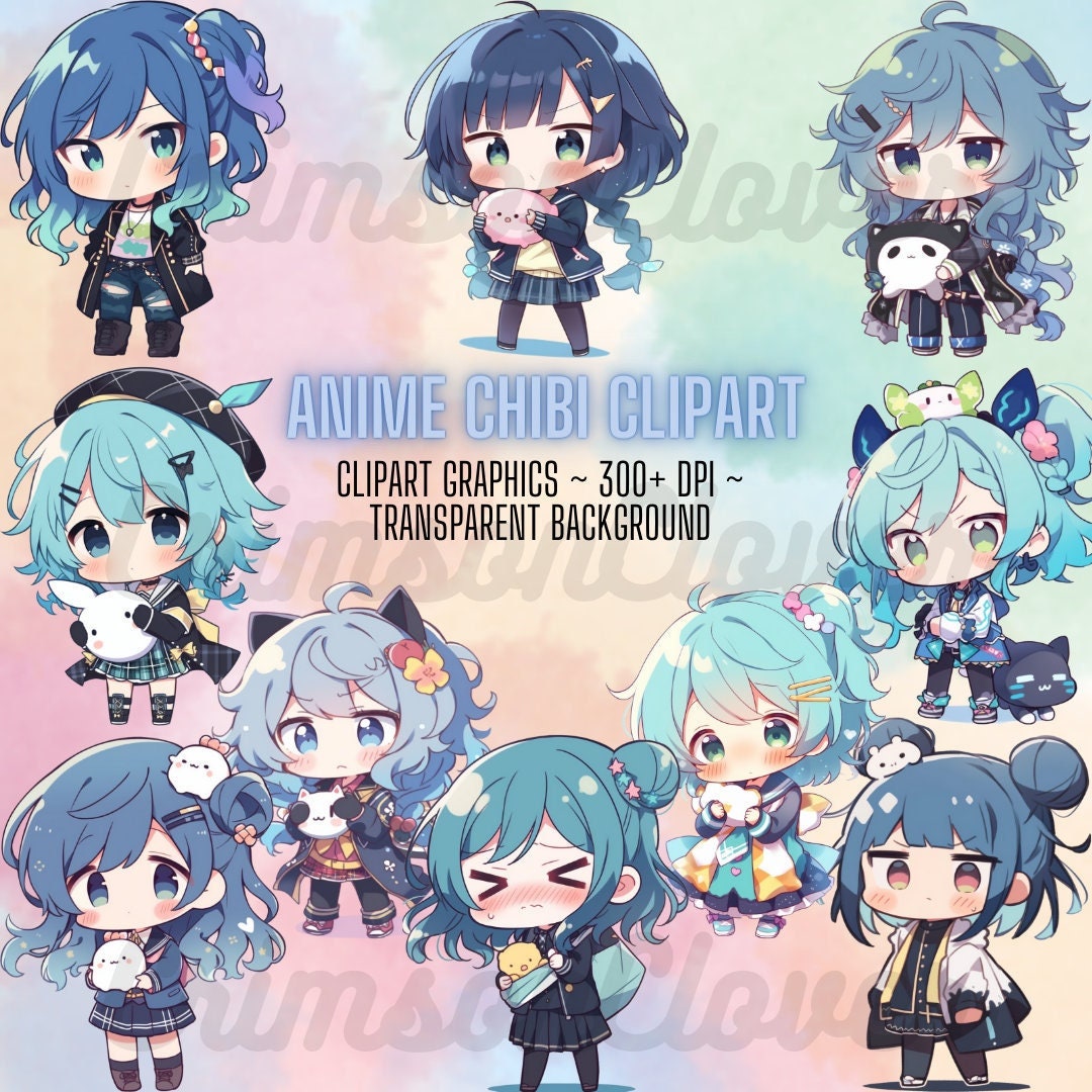 Blue Haired Anime Chibi Characters Bundle (10), PNG, DTG Clipart ...