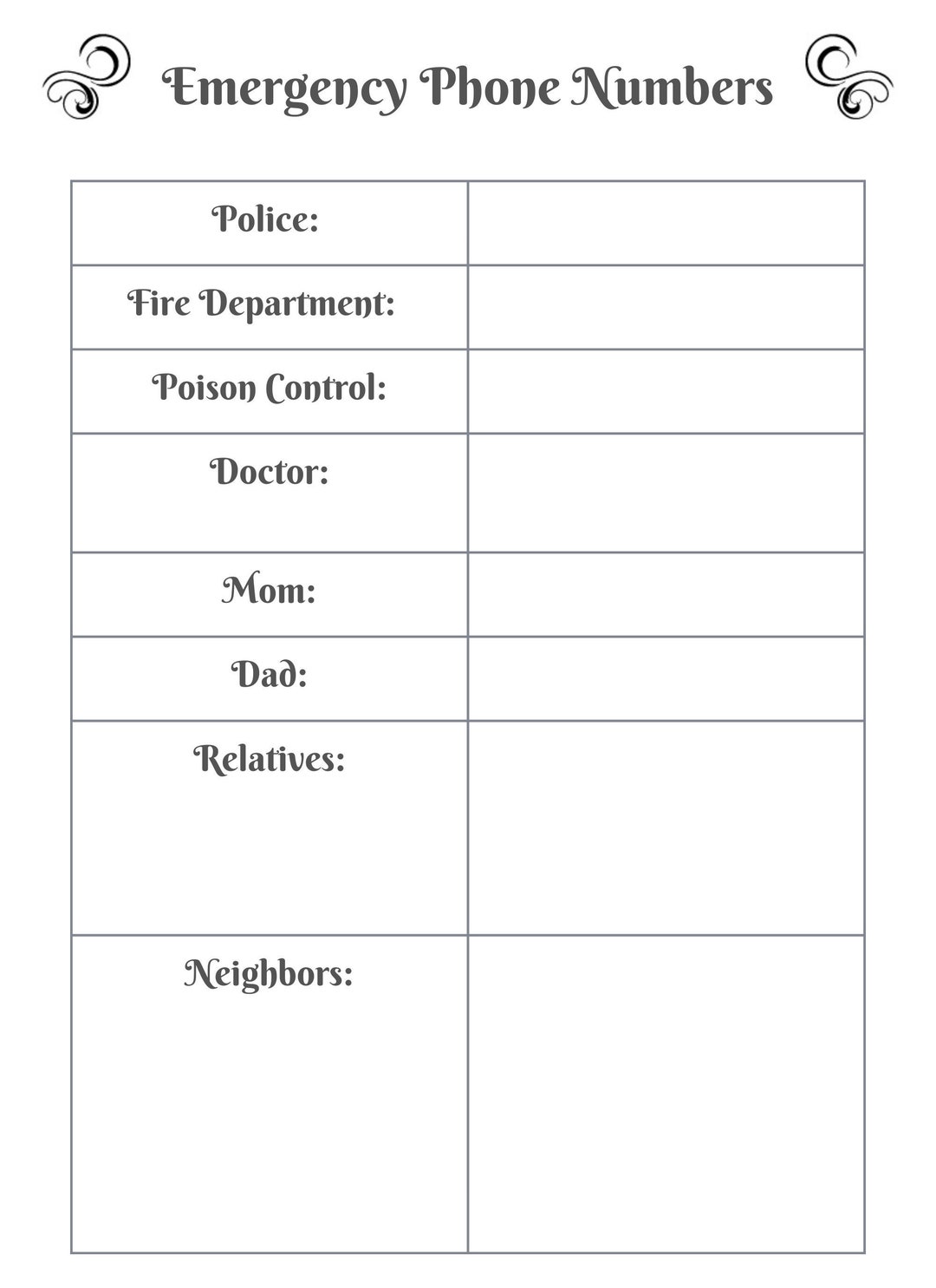 Simple Emergency Phone Number Printable - Etsy