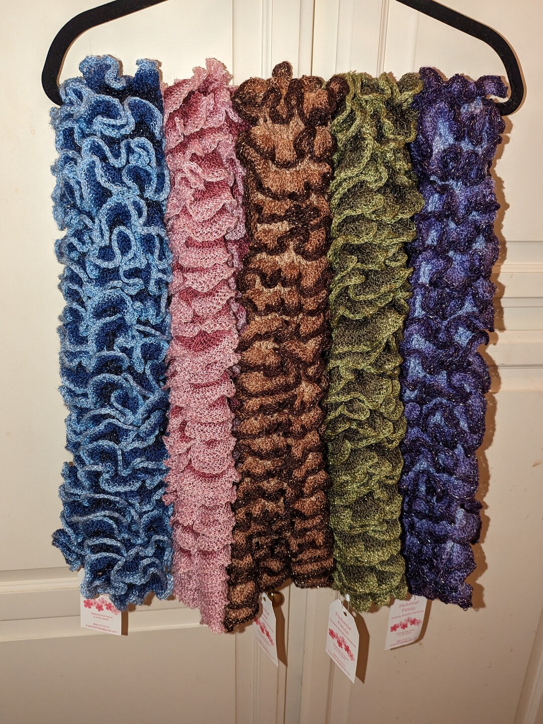 Handknit Ruffled Metallic Scarves, Extra Long, in Knitting Fever ...