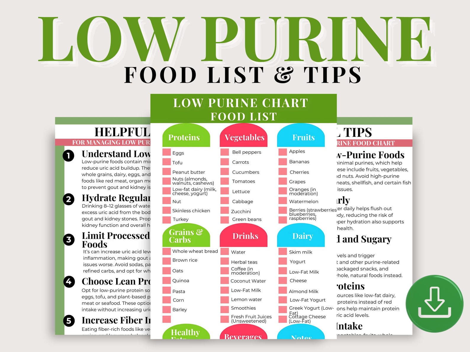 Low Purine Chart and Tip, Gout Diet Food List, Joint Pain Relief ...