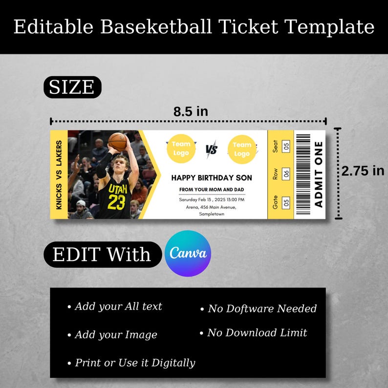 Editable Basketball Ticket Template, NBA Custom Tickets, Custom Fake ...