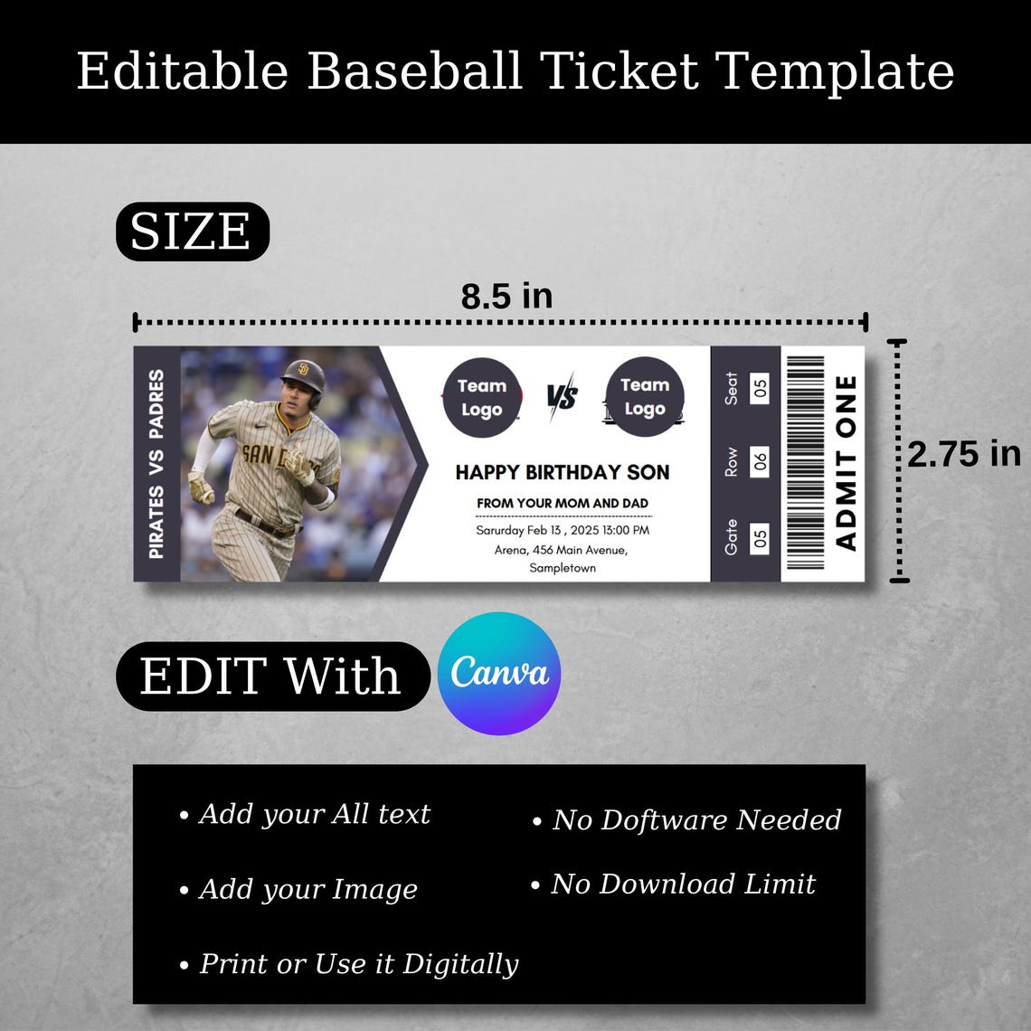 Editable Baseball Ticket Template, Custom Fake Baseball Ticket Template ...