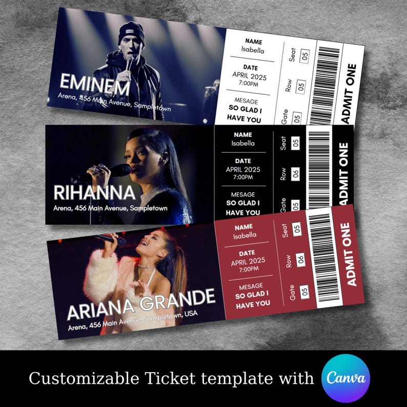 Editable Fake Concert Ticket Canva Template, Printable Concert Tickets ...