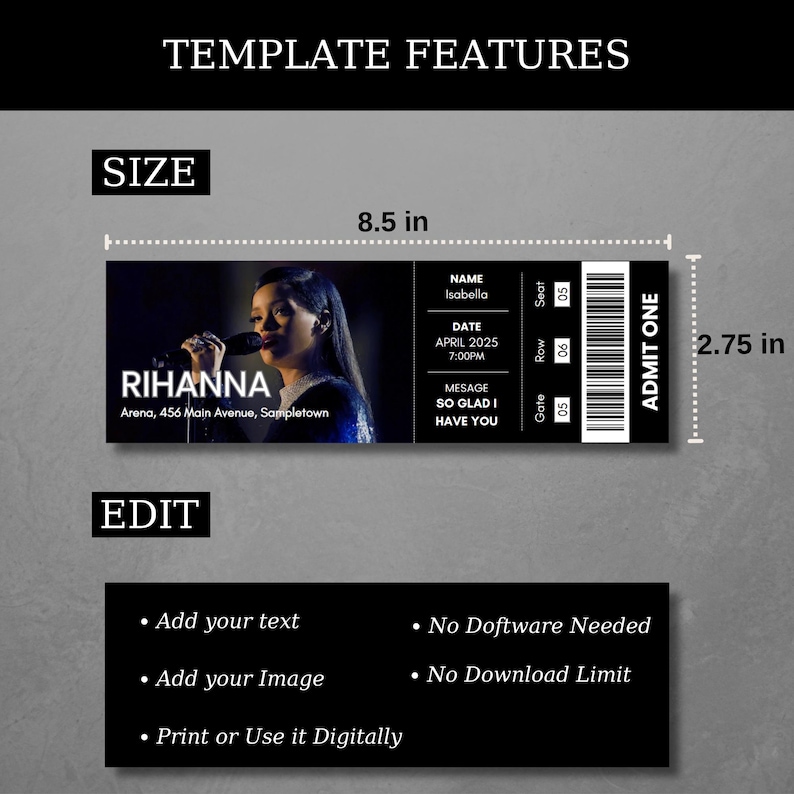 Editable Fake Concert Ticket Canva Template, Printable Concert Tickets ...