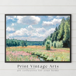 Printable Spring Landscape Painting, Vintage Spring Meadow Wall Art ...