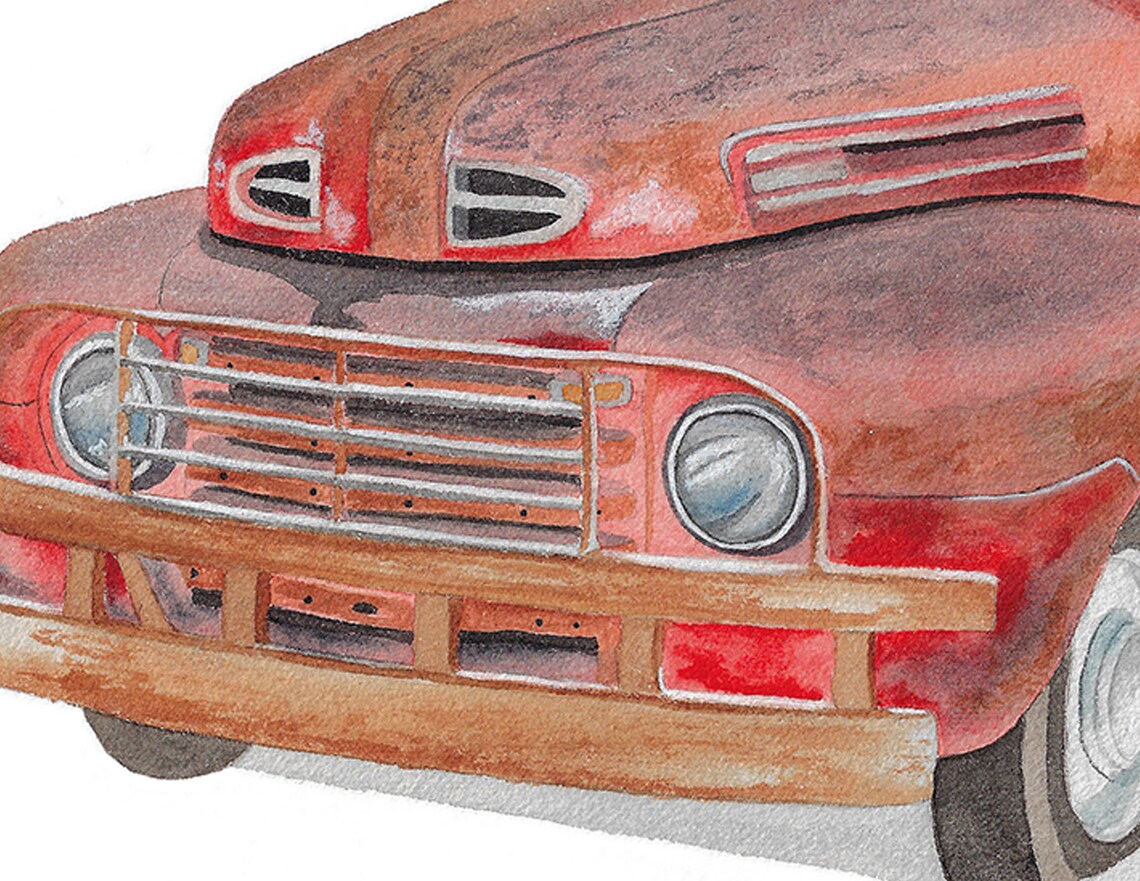 Rusted Truck Watercolor Sticker, Red Antique Ford Pickup Vinyl Decal ...