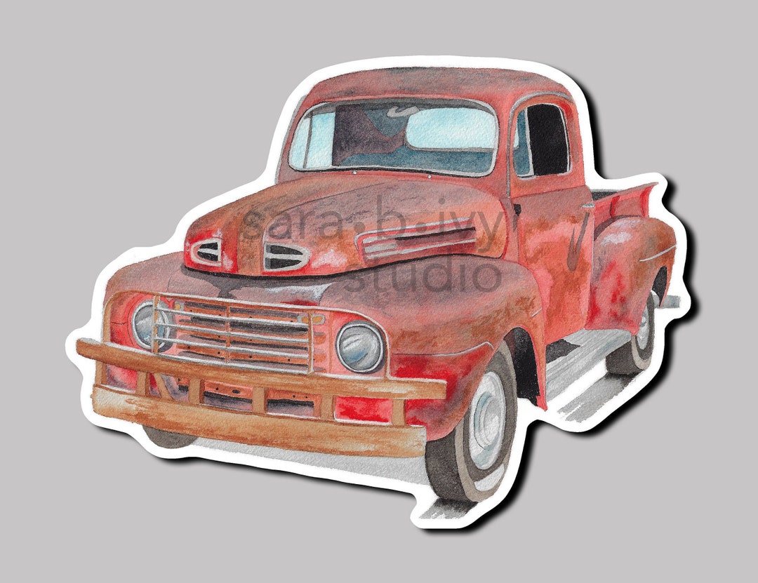 Rusted Truck Watercolor Sticker, Red Antique Ford Pickup Vinyl Decal ...